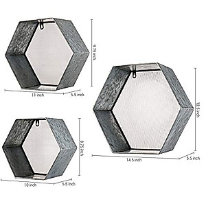 MyGift Wall Mounted Geometric Hexagon Hanging Shelf Design Rustic Galvanized Silver Metal Floating Shelves with Mesh Backing, Set of 3