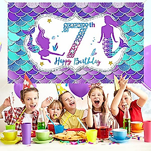 Mermaid 7th Birthday Banner Decorations for Girls, Little Mermaid Themed Happy 7 Year Old Birthday Background Party Supplies, Under The Sea 7 Bday Sign Decor for Outdoor Indoor
