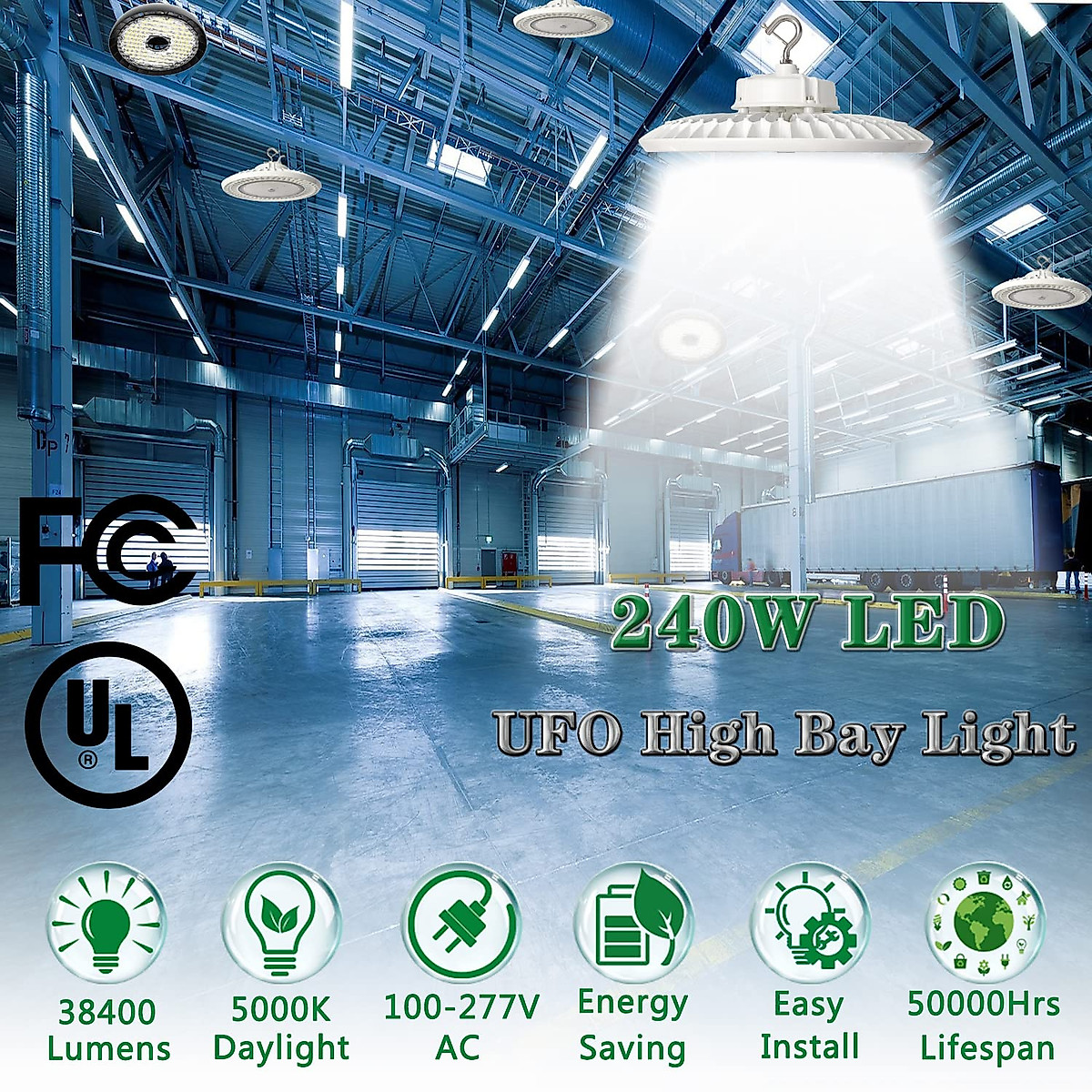240W UFO LED High Bay Light, 38400LM 5000K White LED High Bay Light(1000W HID/HPS Equiv.) 100-277V 5ft Cord 1-10V Dimmable LED Warehouse Shop Light, IP65 Waterproof DLC ETL Certified