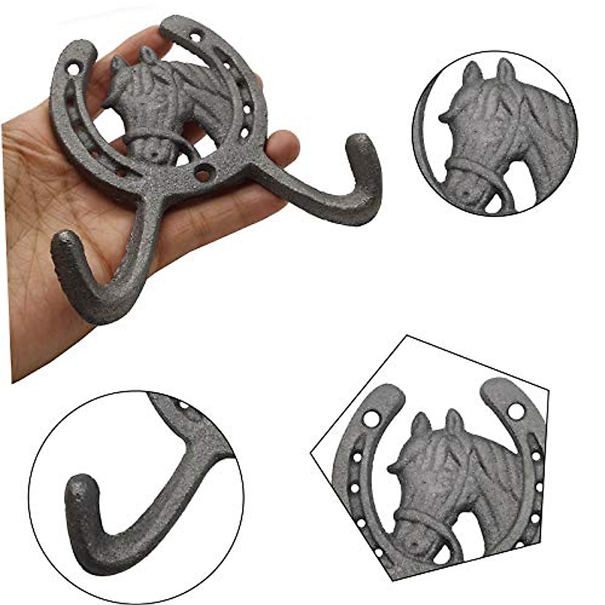 ROYHOO 2PCS Cast Iron Horse Head Horseshoe Double Key Coat Hooks Wall Hanger Clothes Rack