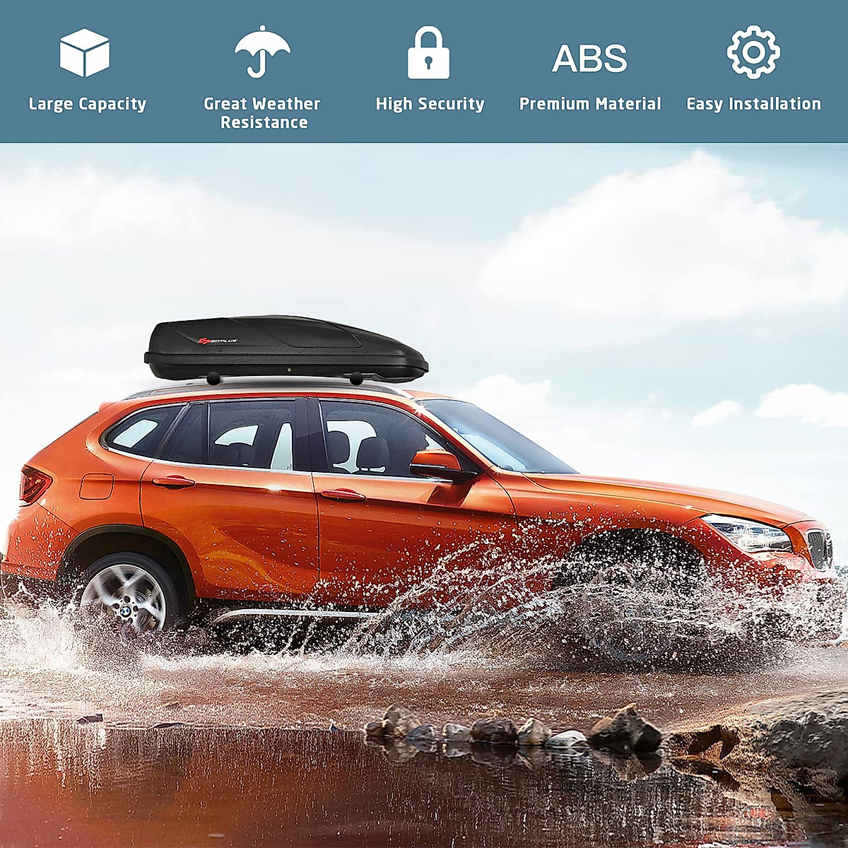 Goplus Rooftop Cargo Carrier Hard Shell, 14 Cubic Feet Waterproof Car Roof Cargo Carrier w/Dual Side Opening, Security Key, 165LBS Capacity, for 17” to 22.8” Wide Crossbar Rack, Vehicle Cargo Box