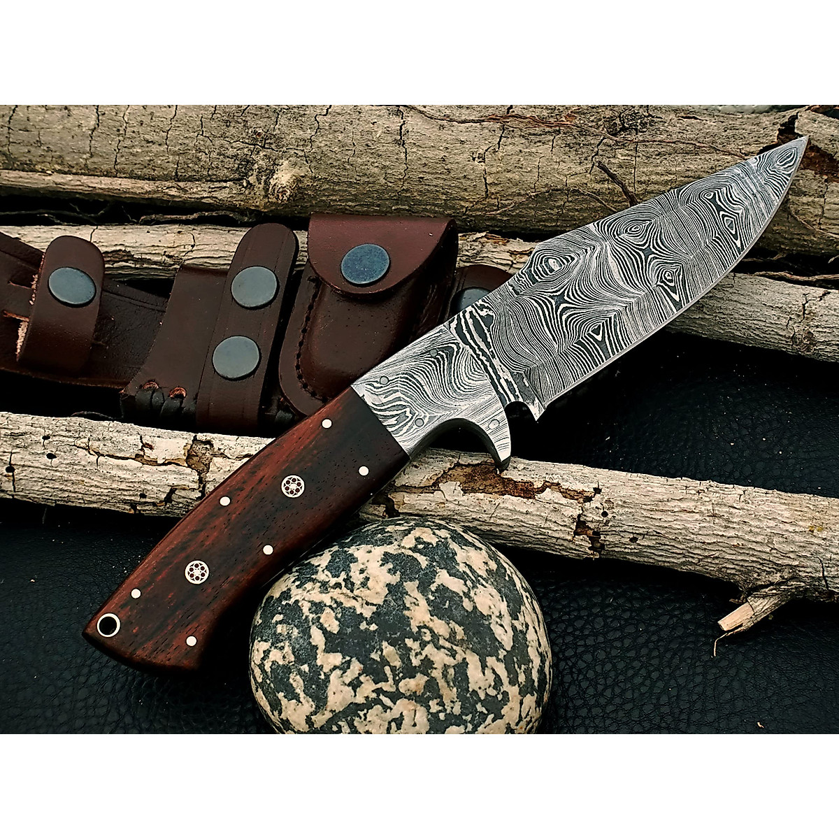 Damascus Steel Hunting Knife Fixed blade knife Damascus Bolster Walnut Wood Handle Mosaic Pin, Bush craft, Outdoor Camping, with Cowhide Leather Sheath – BW-4144