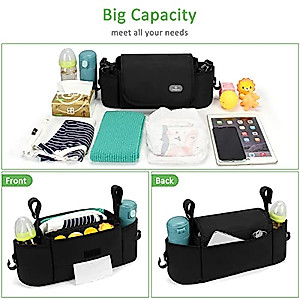 Philorn Baby Stroller Organizer, Stroller Caddy Pram Bag Buggy Organiser with Insulated Cup Holders, Shoulder Strap, Large Storage Space Bag Portable Storage Firmly Attachement 3 Ways to Carry