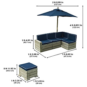 KidKraft Wooden Outdoor Sectional Ottoman & Umbrella Set with Cushions, Patio Furniture for Kids or Pets, Barnwood Gray & Navy