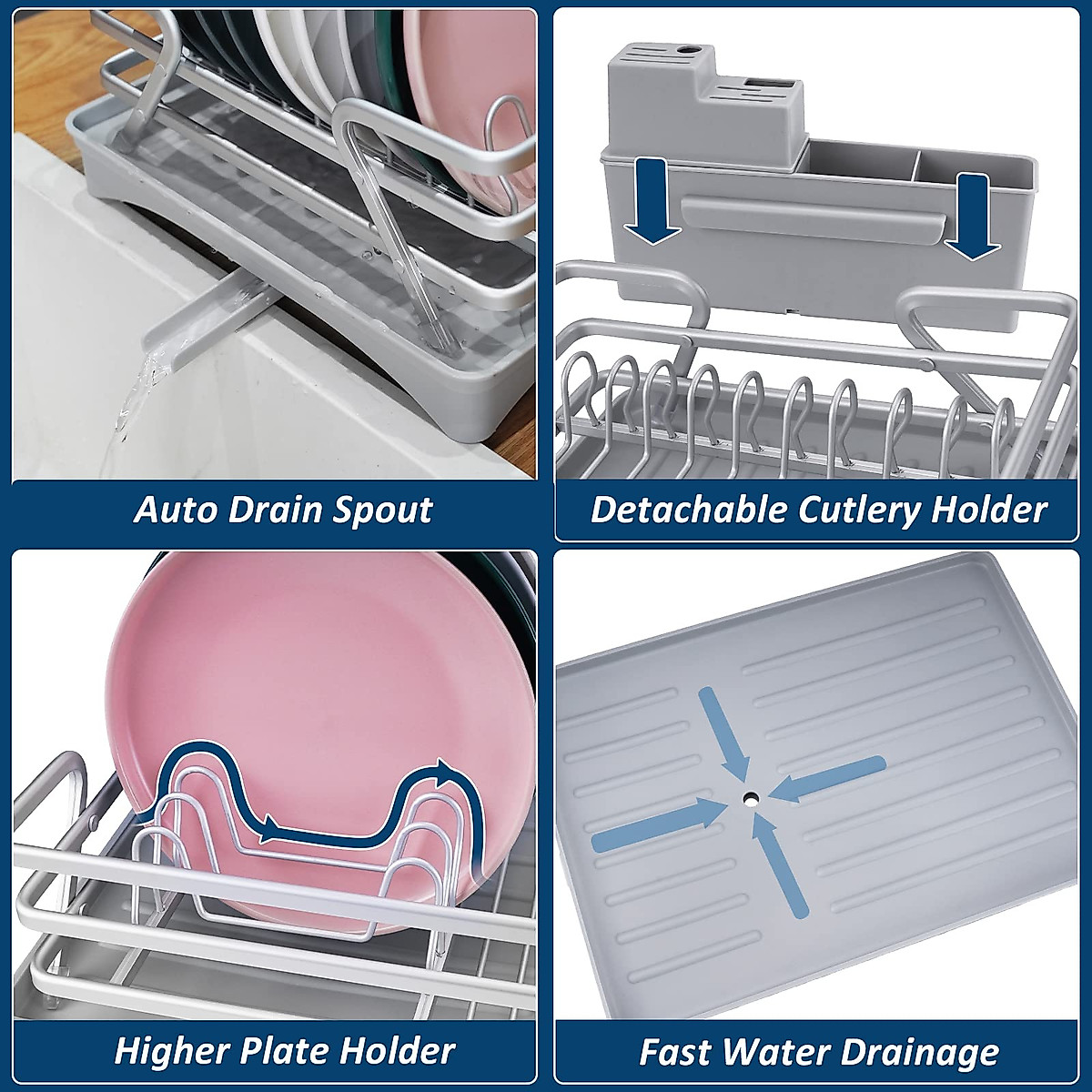 HIPPIH Dish Racks for Kitchen Counter, Dish Drying Rack with Drainboard Aluminum Compact Rustproof Dish Drainer with Adjustable Swivel Spout and Removable Utensil Racks