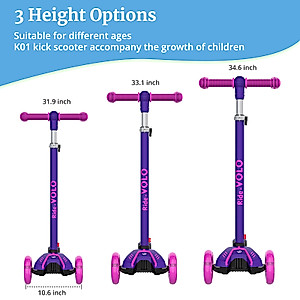 RideVOLO Kids' Kick Scooter for Ages 3-8, 3 Adjustable Heights, Flashing Wheels, 6" Wide Anti-Slip Deck and High Stability, Max Load 110lbs, Easy Assembly, Outdoor Activities, Gift for Boy/Girl Purple
