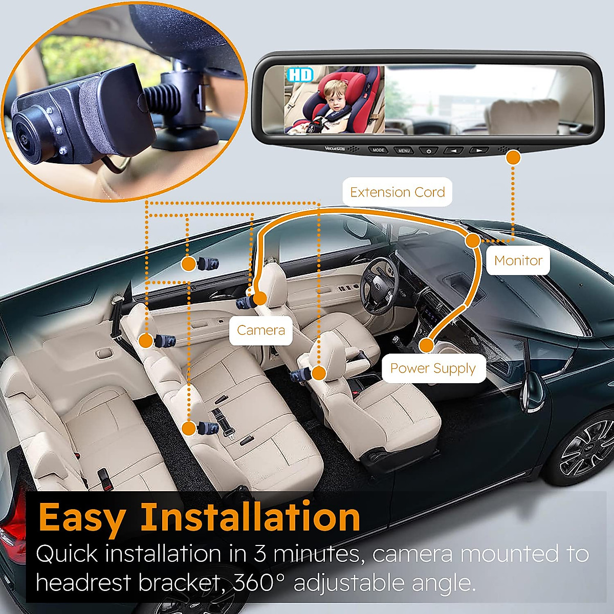 Baby Car Mirror Monitor, VECLESUS 1080P HD Rear Facing Baby Car Camera with 4.3” Baby Car Monitor, Easy Installation Baby Car Back Seat Camera for Baby Car Travel Safety for Car, SUV, Pickup