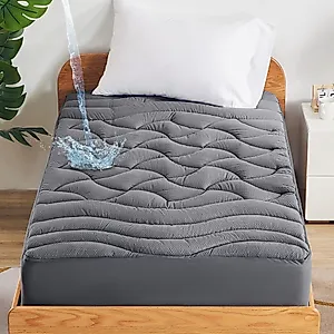 SLEEP ZONE Twin Waterproof Mattress Protector, College Dorm Mattress Pad, Fluffy Mattress Cover, 39 x 75 Inches (Grey, Twin)