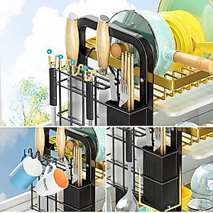 Nicous 2 Tier Dish Drying Rack, Dish Rack with Drainboard, Utensil Holder and Cutting Board Holder, 304 Stainless Steel Dish Drainer for Kitchen Counter (Black & Gold )