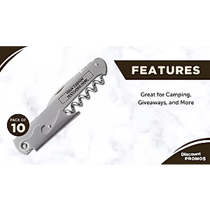 10 Valencia Stainless Steel Wine Bottle Openers Set - Customizable Text, Logo - Corkscrew, Serrated knife, Perfect for Bars - Silver