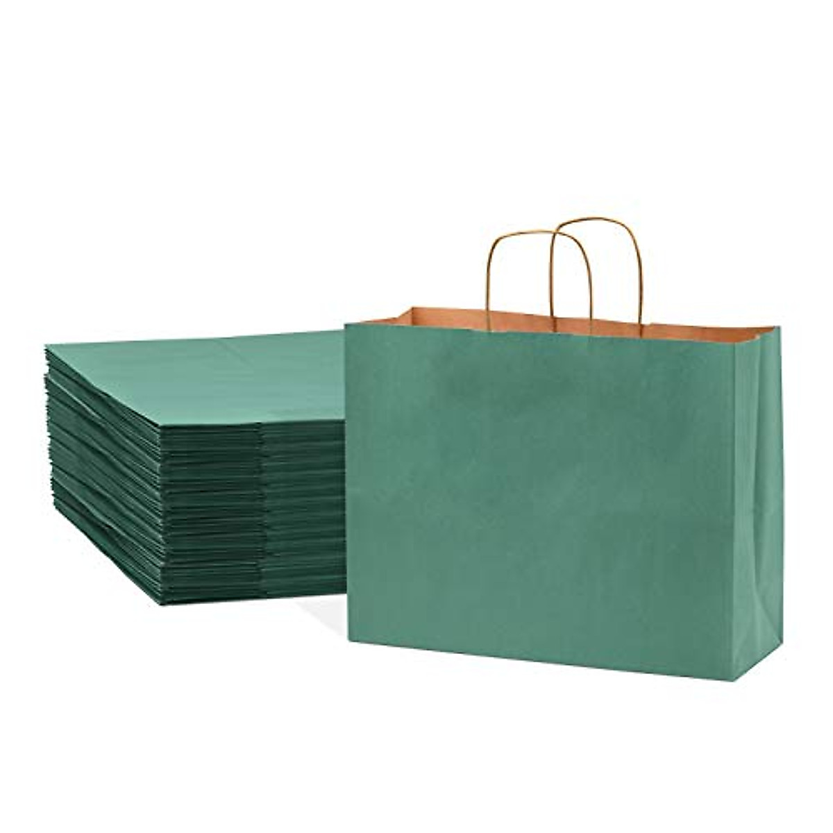 Green Gift Bags - 16x6x12 Inch 50 Pack Large Kraft Paper Gift Wrap Bags with Handles, Craft Totes for Small Business, Boutiques & Retail, Shopping, Gift Wrapping, Birthdays, Parties, Events, in Bulk