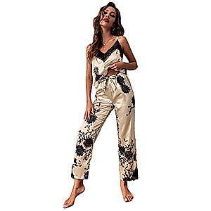 GORGLITTER Women's Silk Satin Pajamas Loungewear Two-Piece Sleepwear Lace Floral Pj Set Black and Beige Large