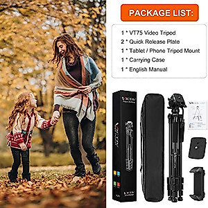 Tripod, 75 inch Tripod for Camera, Heavy Duty Camera Tripod Stand with Fluid Head, 2 Quick Release Mounts and Tablet & Phone Mount, Compatible with DSLR Canon Nikon Sony, 15 lbs Loads Black