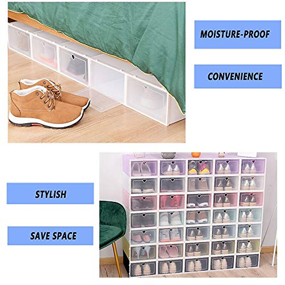 Shoe Box Organizer, Clear Flodable Shoe Storage Box with Lids Drop Front Sneaker Cases for Men Stackable Shoe Container Organizer for Entryway Bedroom Closets, Fits Men's Size 12, Pack of 12 (White)