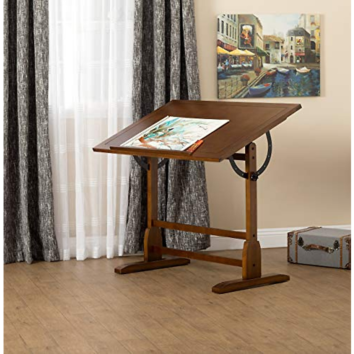 Studio Designs Vintage Drafting Table + Swing Arm Lamp Bundle | Solid Wood Table with Built-in Pencil Groove + Flexible Steel Spring Lamp with Clamp