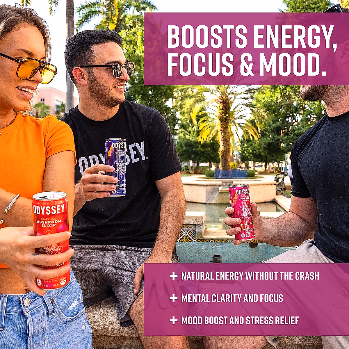 ODYSSEY ELIXIR Sparkling Mushroom Drink with Lions Mane and Cordyceps Adaptogenic Mushrooms, L Theanine and Green Tea Caffeine for Energy and Focus, 12 Fl oz, Variety Pack, 12 Cans