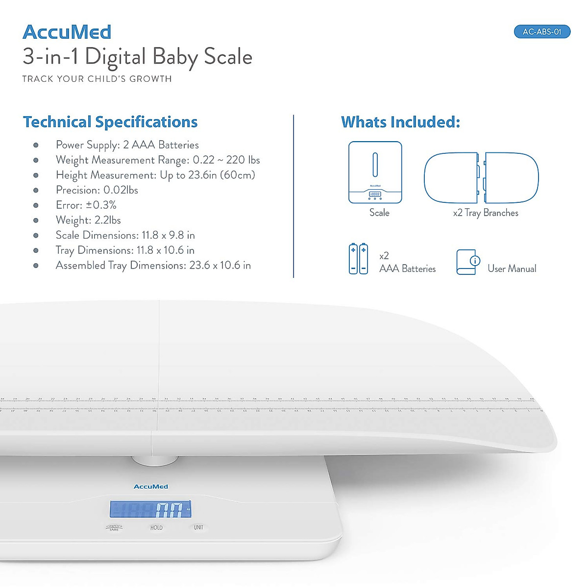AccuMed Baby Scale, Pet Scale, Multi-Function Toddler Scale, Digital Baby Scale, Blue Backlight, Weight and Height Track