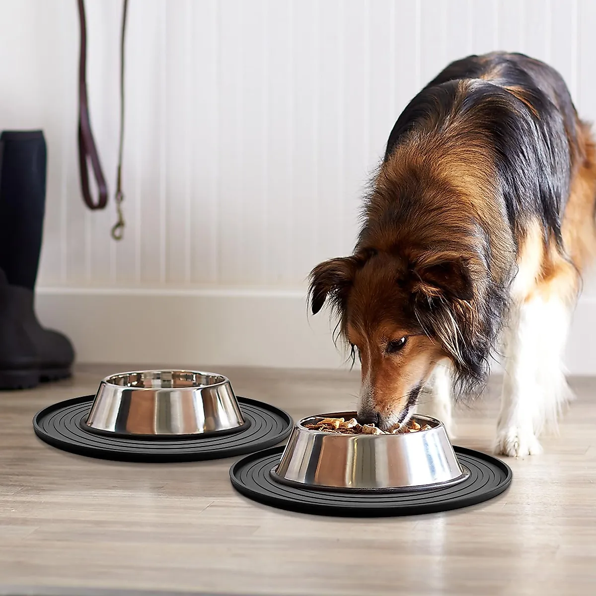 Ptlom Silicone Pet Feeding Mat for Dogs and Cats Placemat 2 Pack, Non-Slip Waterproof Dog Bowl Mats for Food and Water, Small Medium Pets Puppy Tray Mat Prevent Residues Spill to The Floor, Black