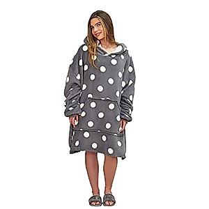 Dreamscene Spotted Print Oversized Hoodie Blanket Sweatshirt Soft Sherpa Fleece Throw Cosy Wearable Hooded Blanket Big Jumper - Grey, One Size Fits All - Adults Kids Men Women