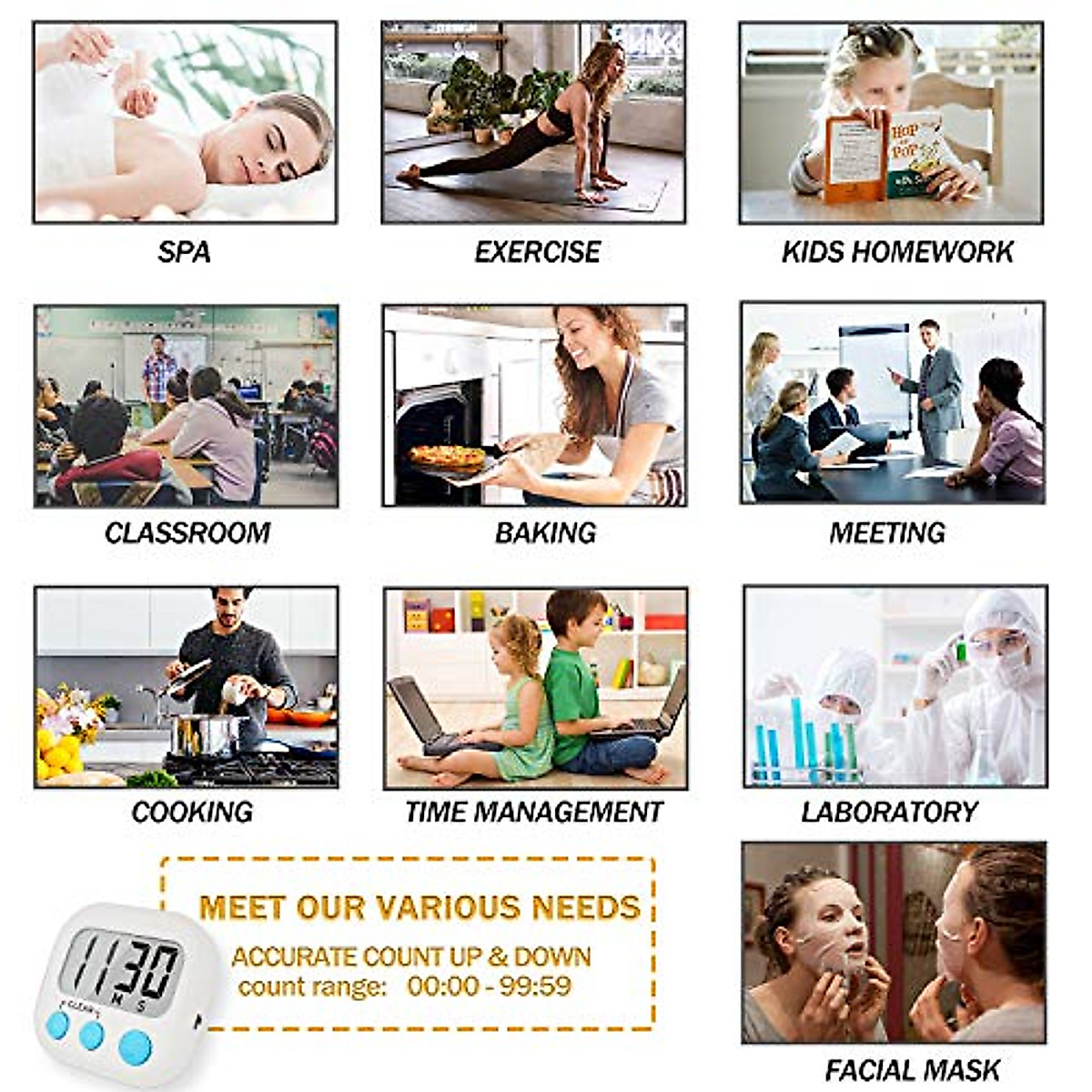 2 Pack Digital Kitchen Timer for Cooking Big Digits Loud Alarm Magnetic Backing Stand Cooking Timers for Baking White