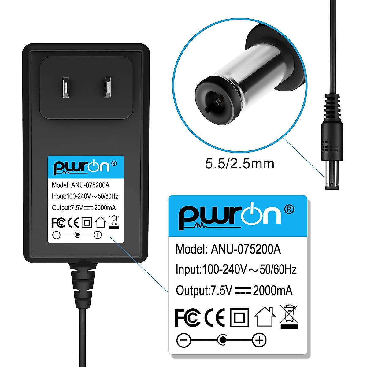 PwrON (6.6FT Cable) 7.5V 2A AC DC Adapter Compatible with for 400mA 500mA 800mA 1000mA DC Adapter Power Supply 5.5mm*2.1mm/2.5mm with Positive Center