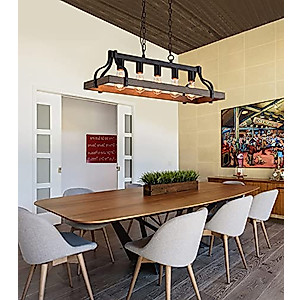 MEIXISUE Rustic Kitchen Island Dining Room Light Fixture Farmhouse Linear Chandelier Black and Retro Wood Finish 5-Light Industrial Metal Hanging Pendant Light UL Listed L33.5 W10.6