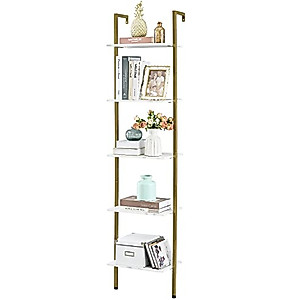 Tajsoon Industrial Bookcase, Ladder Shelf, 5-Tier Wood Wall Mounted Bookshelf with Stable Metal Frame, Open Display Rack, Storage Shelves for Bedroom, Home Office, Plant Flower, White & Gold