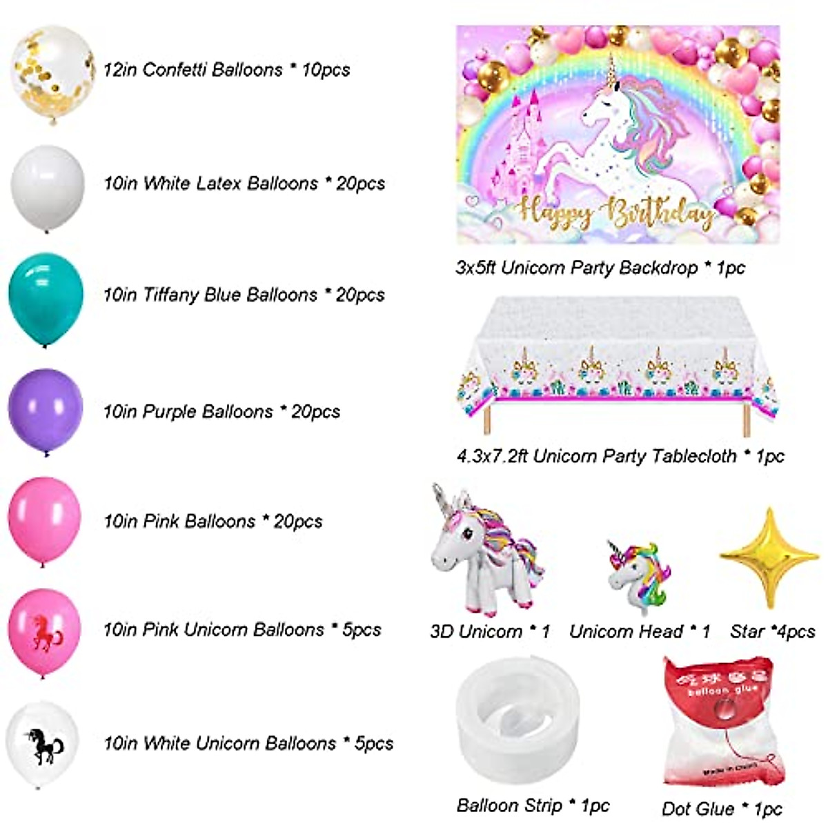 Unicorn Birthday Party Decorations Girls - 110PCS Unicorn Party Supplies, Balloon Arch Garland Kit with Unicorn Rainbow Birthday Backdrop, Unicorn Tablecloth, Birthday Balloons, Confetti Balloons