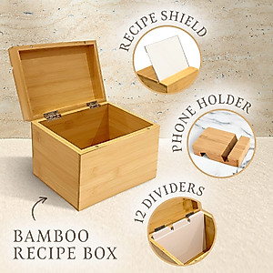 Recipe Box, Wooden Recipe Box, Recipe Box with 12 Dividers and Phone Holder, Recipe Boxes, Recipe Box Dividers, Recipe Cards, Recipe Cards and Box Set, Recipe Cards 4x6, 4x6 Recipe Cards