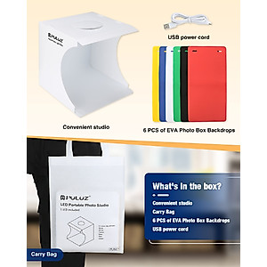 Mini Photo Studio Box, PULUZ 20cm Portable Photography Shooting Light Tent Kit, White Folding Lighting Softbox with 20 LED Lights + 6 Backdrops for Product Display