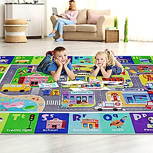 LTKOUGFAM Baby Playmat for Floor, Soft Plush ABC Kids Play Rug for Toddlers & Infants Baby Floor Mats, Kids Car Rug Mat with City, Large Non-Slip Area Rug for kids Room Playroom Bedroom (59X39.4 INCH)