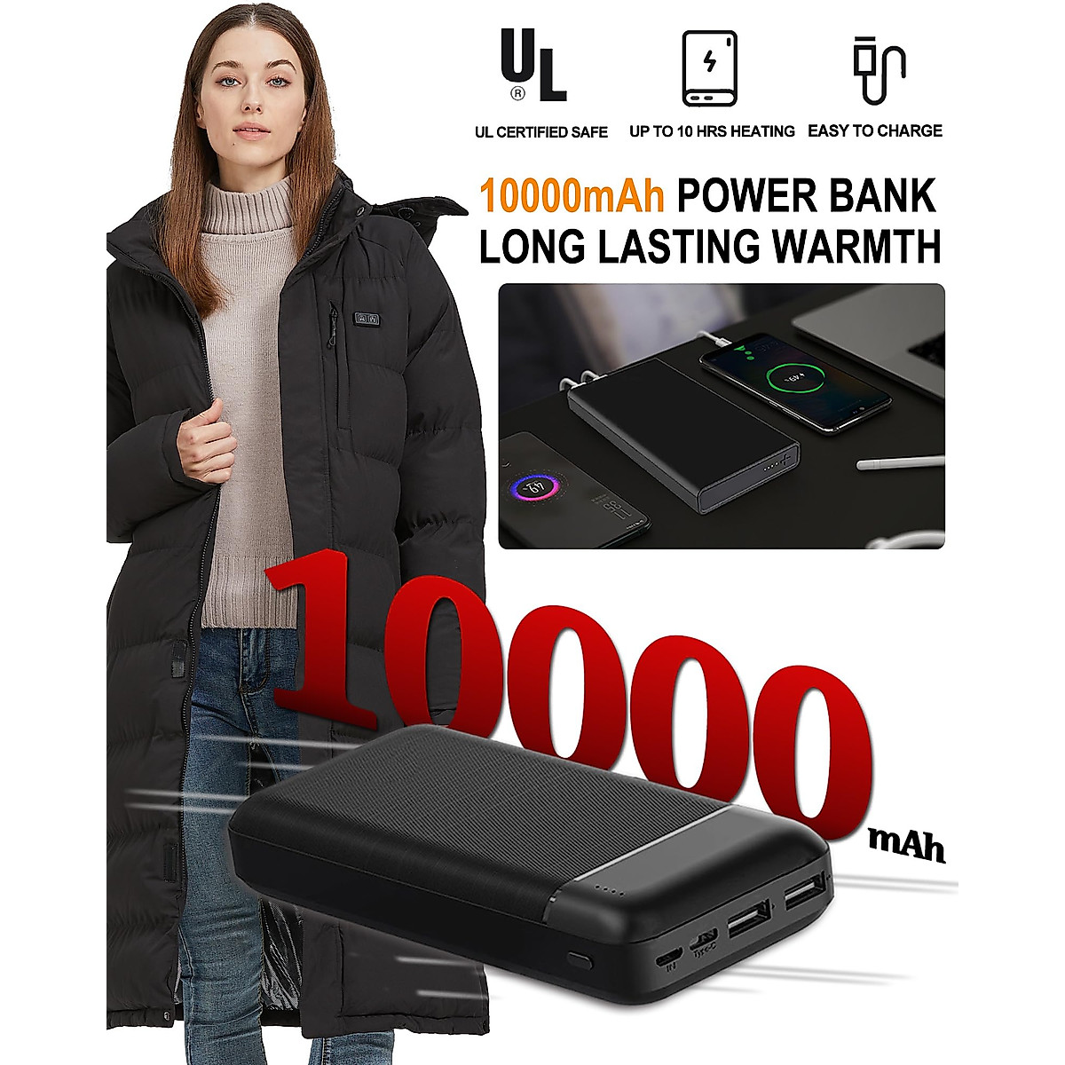 TRUNYAQI Women's Heated Long Jacket with Battery Pack Winter Coat for Women with Box