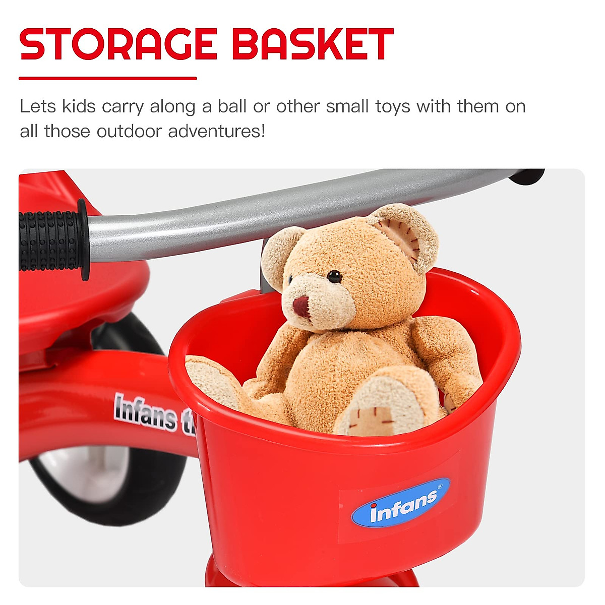 INFANS Kids Tricycle Rider with Adjustable Seat, Storage Basket, Premium Quiet Wheels, Non-Slip Handle (Green)