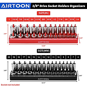 AIRTOON 3/8-Inch Drive Socket Organizer Trays, 2-Piece SAE and Metric Socket Tray Set, Deep and Standard Socket Holders Organizers for Toolbox, Black & Red
