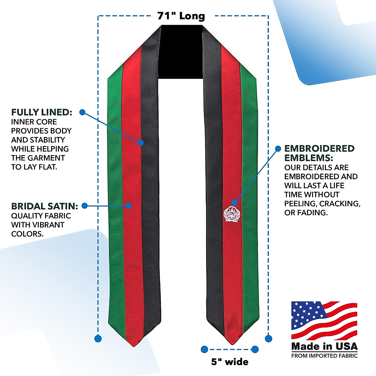 Vision Wear - Afghanistan Flag Graduation Sash - Graduation Stole - International Flag theme - Embrace Your Heritage - Afghan Flag - Pride & Honor Sash