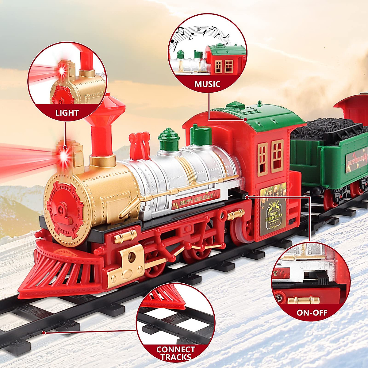 deAO Train Set for Christmas Tree,Classical Christmas Train Set with Headlight, Realistic Sounds, 4 Cars Carriage and Tracks, Best Gift for Christmas Décor Under The Christmas Tree