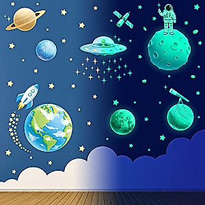 Glow in The Dark Stars for Ceiling, Solar System Wall Stickers for Kids, Planet Wall Decals, Glowing Stars, Space Decor for Boys Room, Galaxy Astronaut Rocket Spacecraft Alien Decoration