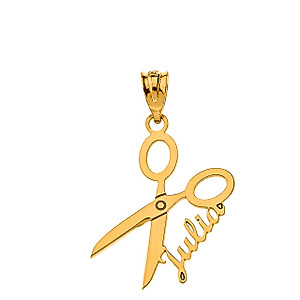 Polished 10K Yellow Gold 1-1/8" x 7/8" Scissors Shears with Your Name Customizable Hairdresser Pendant