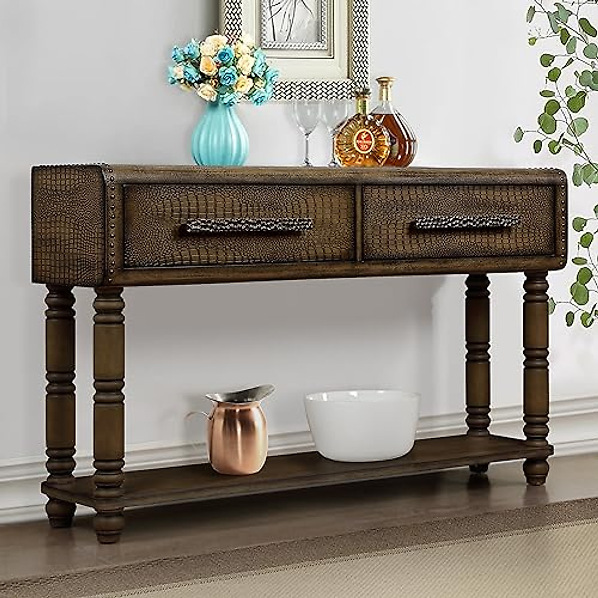 Tidyard Retro Sofa Table, 54 inch Pine Wood Console Table with 2 Power Outlets and 2 USB Ports Sofa and Couch End Table for Entryway, Foyer, Living Room, Bedroom Furniture