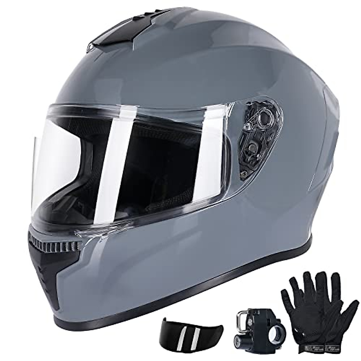Full Face Motorcycle Street Bike Helmet with Motorcycle Gloves for Men and Women + 2 Visors DOT Model and Helmet Lock for BMX ATV MTB Riding, Road Racing, Cycling (MH-Dark Grey, X-Large)