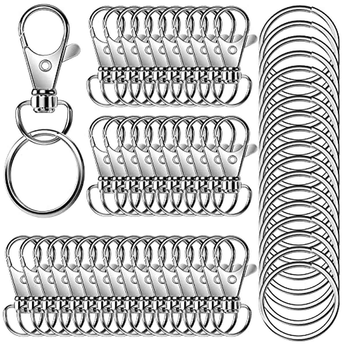 100PCS Premium Swivel Snap Hook Keychains with Key Rings, Metal Keychain Clip and Key Ring, 50PCS Key Chain Hooks and 50PCS Key Rings for Lanyard Crafts Jewelry Keychain Making Silver 32mm/1.25inches