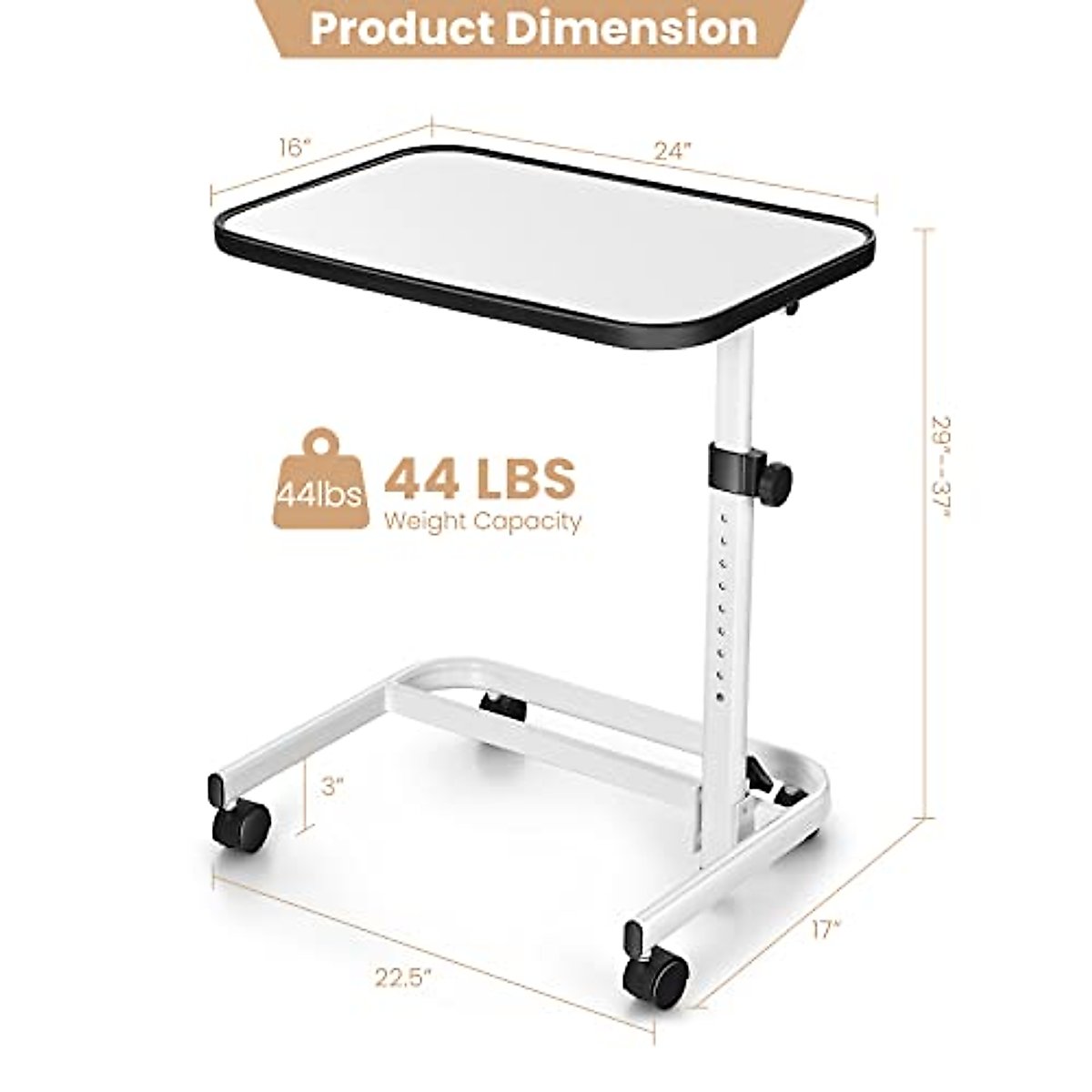 Tangkula Overbed Table with Wheels, Rolling Bedside Table with 9-Level Adjustable Height 29”-37”, Multi-Angle Tilt Tabletop, C Shaped Hospital Bed Table Laptop Desk, Sofa Bed Wheelchair Side Table