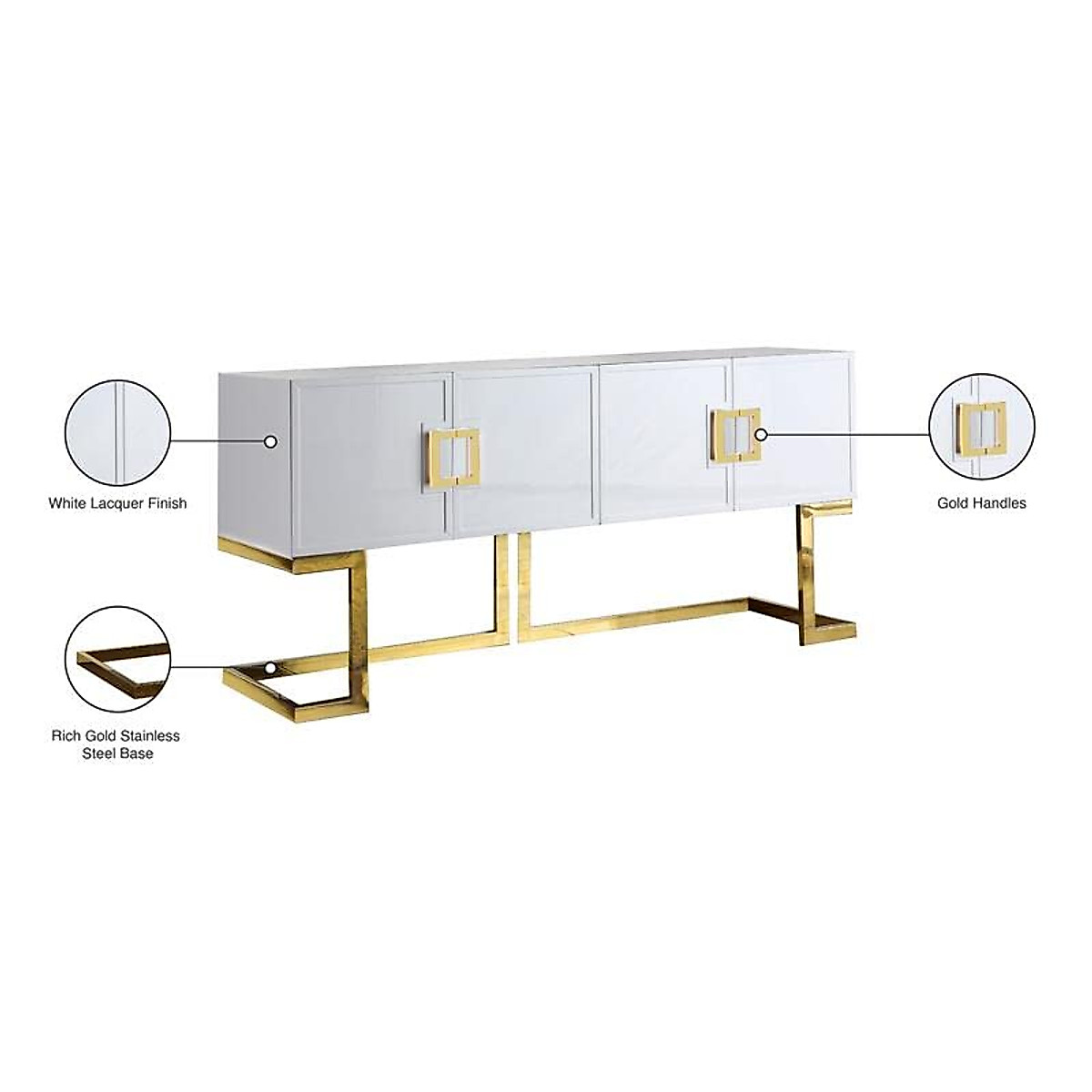 Meridian Furniture Beth Collection Modern | Contemporary Sideboard Buffet, Rich Gold Stainless Steel Base, White Laquer Finish, 64" W x 18" D x 31" H, Cabinet