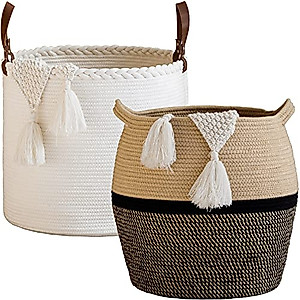 KAKAMAY Woven Baskets for Storage,Large Cotton Rope Basket Woven Baby Laundry Hamper,Collapsible Laundry Basket, Blanket Basket for Organizing Living Room,Nursery,Clothes,Toy chest (Black)