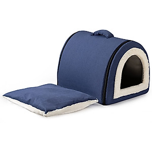 Hollypet Linen Cat Bed, Self-Warming 2 in 1 Foldable Cave House Animal Shape Nest Pet Sleeping Bed, Blue