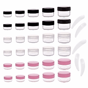 ZEJIA 30pcs Small Travel Containers, Sample Containers with Screw Lids, 5 Size 3/5/10/15/20 Gram Sample Jars, Makeup Small Travel Jars, with Labels and Mini Spatulas