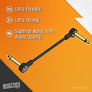 Rock Stock Guitar Flat Patch Cables (Pack of 3) - 12 Inch S-Shape Ultra-Thin Effect Guitar Pedal Patch Cables - Right-Angle, Black with Durable Gold Plated Connectors, Maximize Pedalboard Space