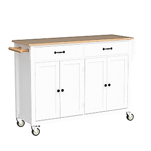 Kitchen Island on Wheels - Moveable Kitchen Island with Solid Wood Top and Locking Wheels, Rolling Kitchen Carts on Wheels with Storage, White