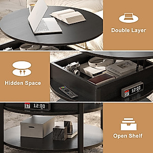 FABATO Round Lift Top Coffee Table with Storage and Hidden Compartment, 26.77'' Farmhouse Coffee Table for Living Room Reception Room, 2 Tier Small Round Coffee Table Circle Dining Table, Black
