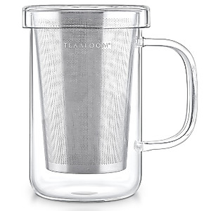 Teabloom Premium Borosilicate Glass Mug with Stainless Steel Loose Leaf Tea Infuser and Lid/Dish - 12 Ounces (350 mL)